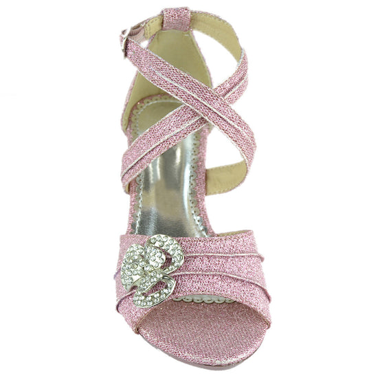 Girls Toddler Youth Rhinestone High Heel Strappy Glitter Sandals Pink ...