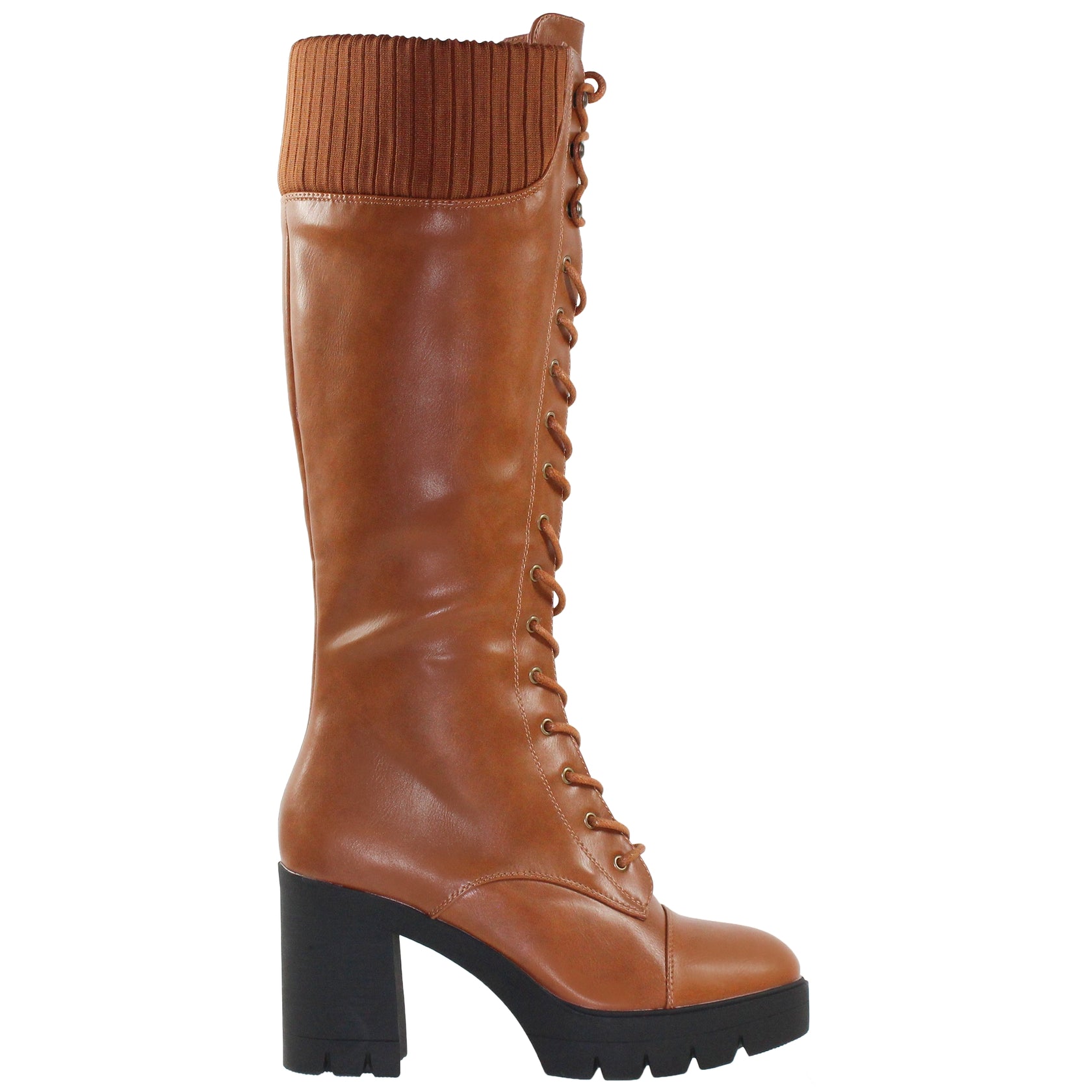 Women Lace Up Chunky Heel Knitted Cuff Combat Boots Tan PU – SOBEYO.COM