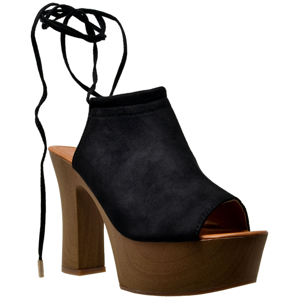 Womens Peep Toe Platform High Heel Lace Up Strappy Sandals Black ...